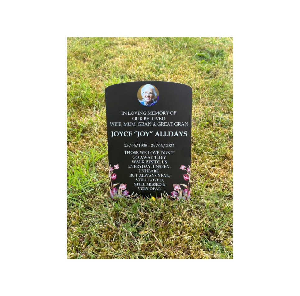Floral temporary headstone with photo – Lazy Dave Designs
