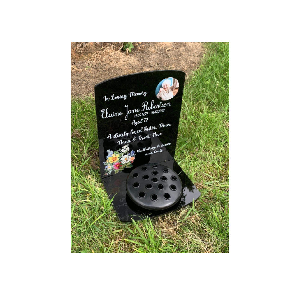 Floral corner with photo temporary headstone with Base – Lazy Dave Designs