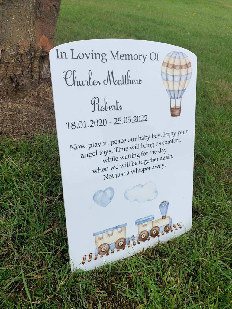 Train & hot air balloon temporary headstone – Lazy Dave Designs
