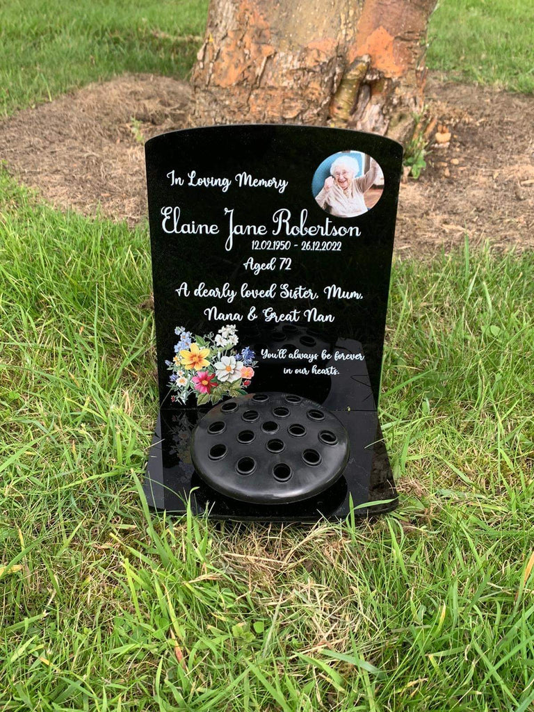 Floral corner with photo temporary headstone with Base – Lazy Dave Designs