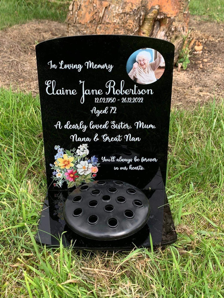 Floral corner with photo temporary headstone with Base – Lazy Dave Designs
