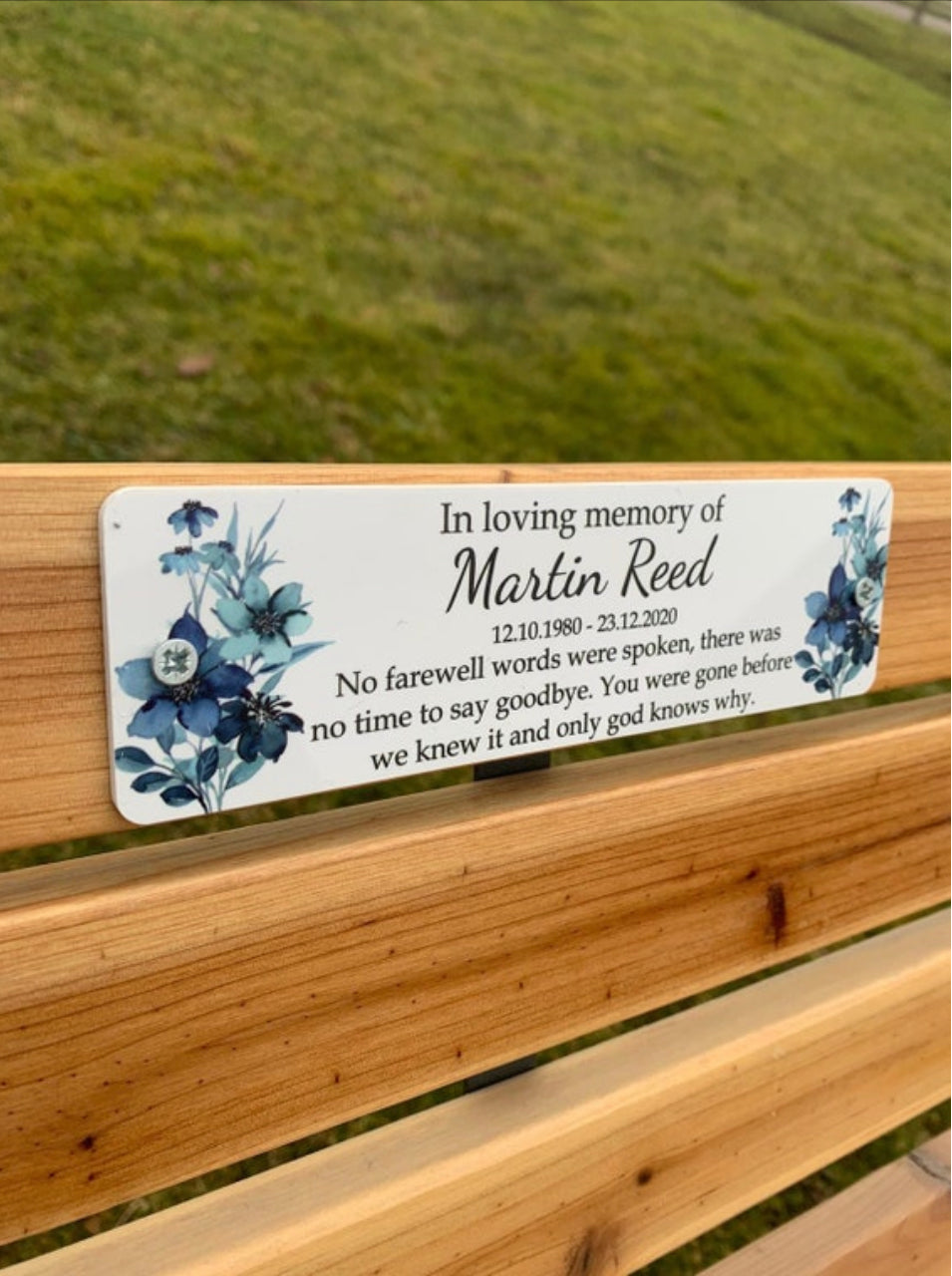 Acrylic blue floral bench memorial plaque – Lazy Dave Designs