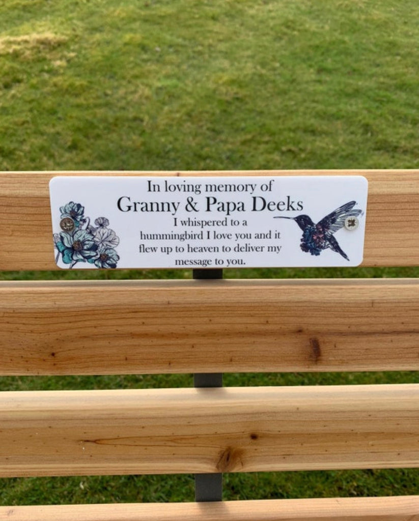 Acrylic hummingbird bench memorial plaque – Lazy Dave Designs