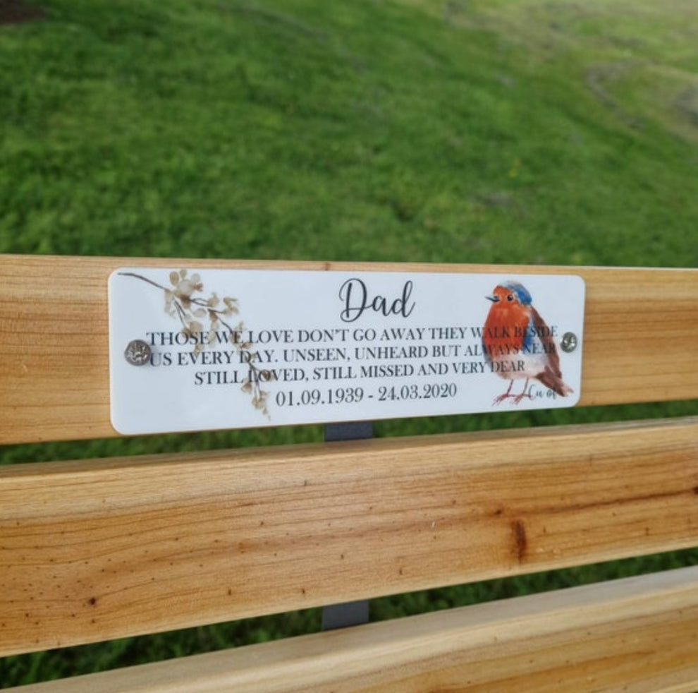 Acrylic robin bench memorial plaque – Lazy Dave Designs